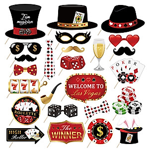 25Pcs Texas Hold'em Photo Booth Props with Stick, Las Vegas Selfie Props,777 Party Supplies,Playing Cards Theme Backdrop Decorations