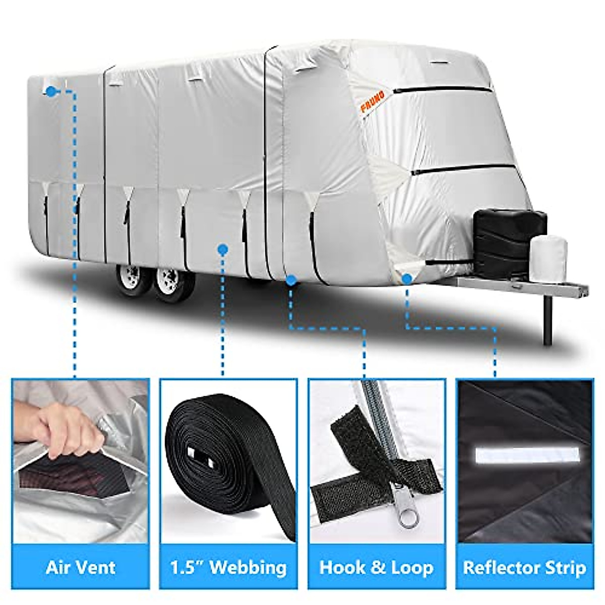 FRUNO Oxford Cloth Travel Trailer RV Cover 27'8"-30' Waterproof Rip-Resistant Anti-UV Camper Cover for Winter Snow with Jack Cover 4 Tire Covers and Gutter Covers