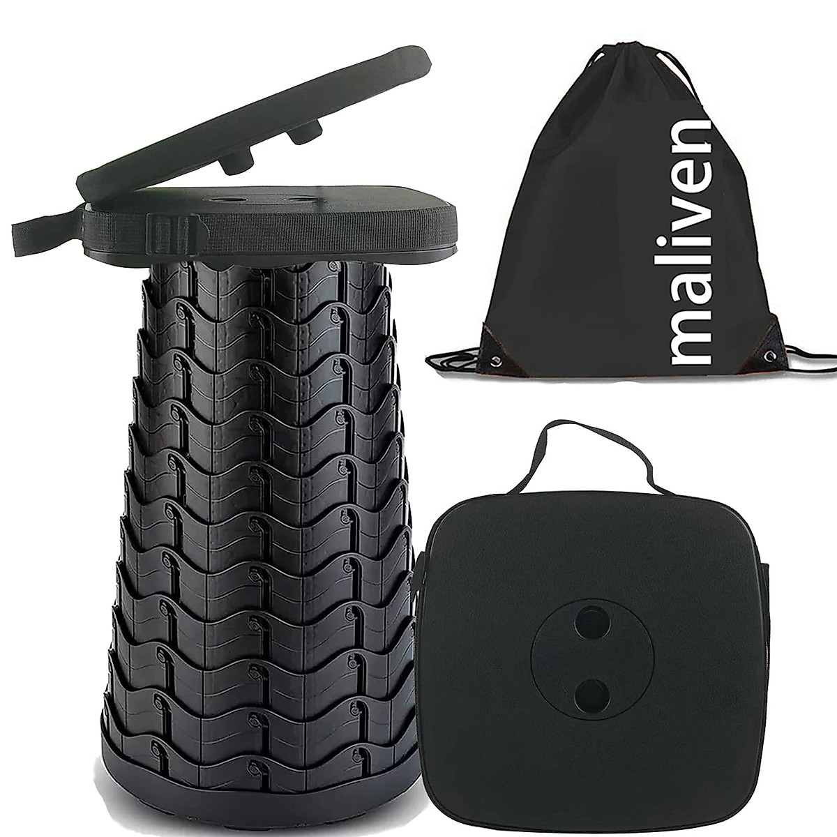 maliven Collapsible Camping Stool with Seat Cushion & Nylon Bag, Square Portable Telescopic Stool, Lightweight Sturdy Foldable Stool for Camp Fishing Picnic, Max Load 550 lb