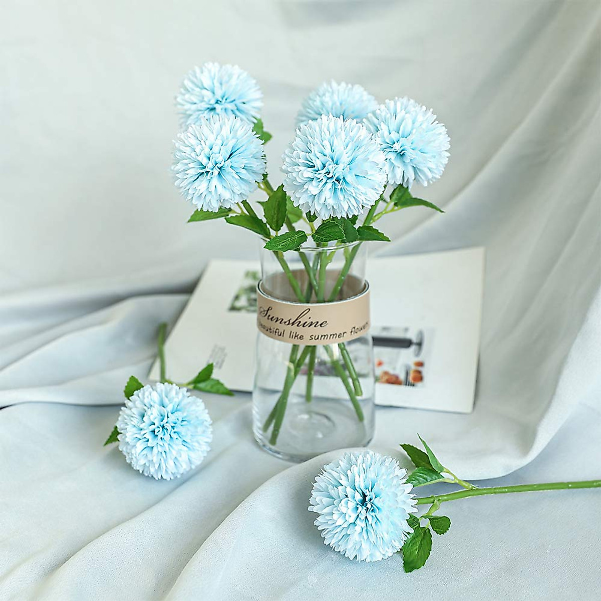 Floweroyal 12pcs Artificial Chrysanthemum Ball Flowers Silk Hydrangea Bridal Wedding Bouquet for Home Garden Party Office Coffee House Decoration (Blue).