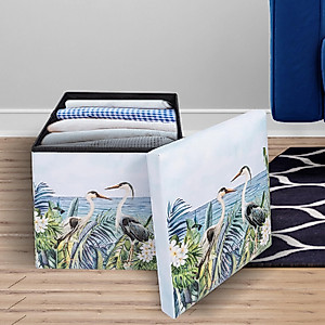 Corner Merchant Collapsible Ottoman Storage Box with Lid Decorative Coastal Decor (Blue Heron)