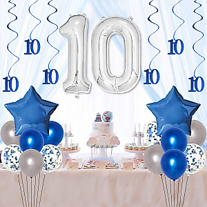 10th Birthday Decoration Blue for Boys Girl Double Digits 10th Birthday Balloon Banner Cake Topper Hanging Swirls for 10 Year Old Birthday Supplies