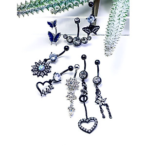 Vsnnsns 14G Belly Button Rings Belly Rings for Women Surgical Stainless Steel Skull Belly Piercing Jewelry Heart Butterfly Belly Button Ring Opal Navel Ring Barbell Body Jewelry Piercing Black