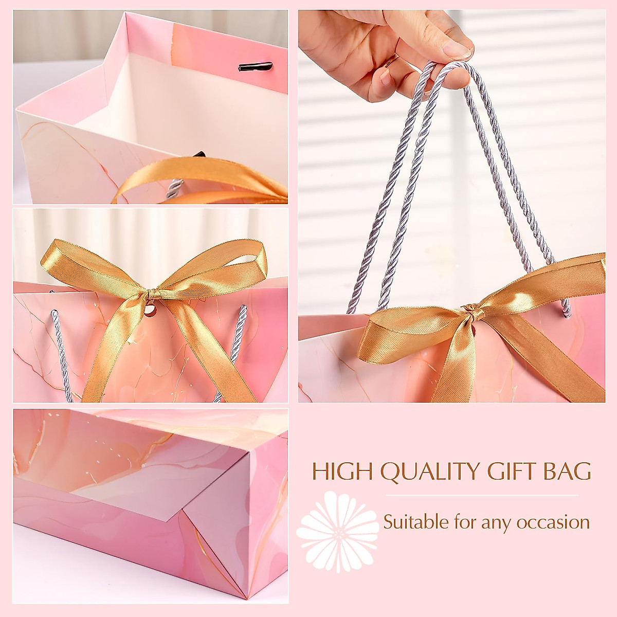 MAMUNU Pink Gift Bags, 2PCS 13” Large Gift Bags with Tissue Paper and Greeting Cards, Gift Bags with Handles Bow for Women Girls, Pink Gift Bags for Birthday Wedding Bridal Baby Shower Anniversaries