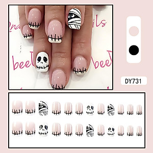 Halloween Short Mummy Design Fake Nails Square Press on Nails Glue on Nails Full Cover Odd Halloween Skull Nails Short Stick on Nails for Women and Girls Party Nail Art Manicure24ps