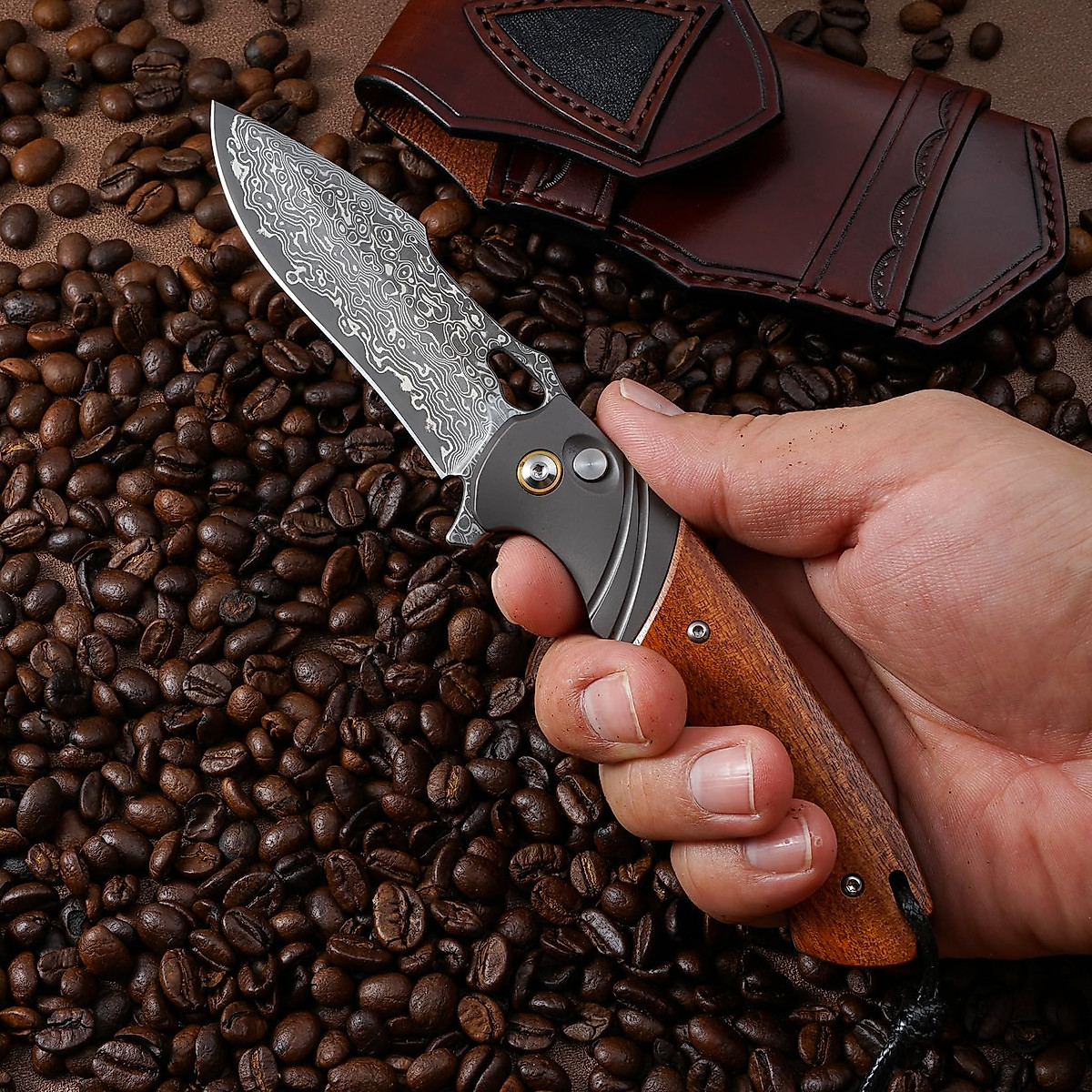 VNLA Pocket Knife,Folding.with Damascus Steel Blade Small Pocket Knife with Pocket Clip. Button Lock Everyday Carry Knife for Men Women Indoor Outdoor Gift