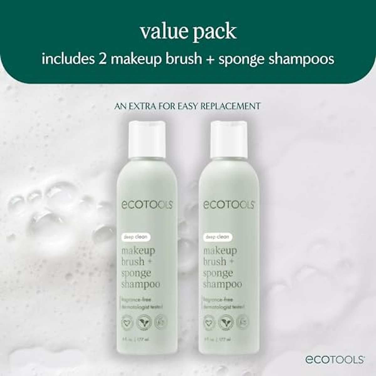 EcoTools Makeup Brush & Sponge Shampoo - Fragrance-Free Cleanser for Brushes, Sponges & Puffs, No Harsh Chemicals, Vegan & Cruelty-Free, 6 fl.oz./ 177 ml, 2 Count