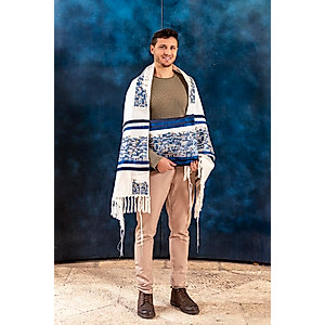 Yair Emanuel Premium Tallit Silk Embroidered Jerusalem Vista | Blue and White Tallis Prayer Shawl