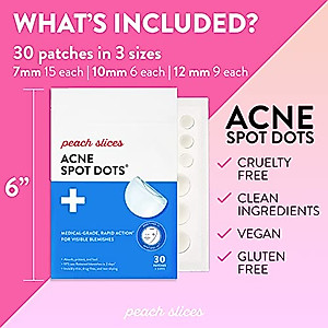 Peach Slices | Acne Spot Dots | Hydrocolloid Acne Patches | For Zits, Blemishes, & Breakouts | Vegan | Cruelty-Free | Pimple Patches | Facial Skin Care Products | 3 Sizes (7mm, 10mm, & 12mm) | 30 Ct