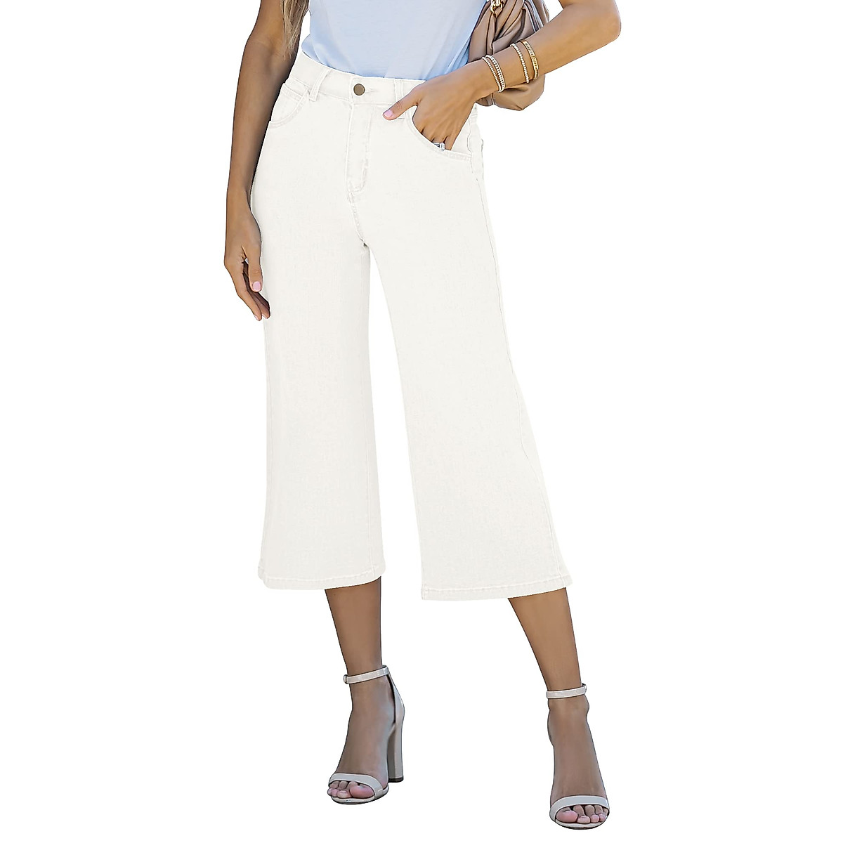 Vetinee Women's High Waisted Capri Pants, Denim Jeans, X-Large, Brilliant White