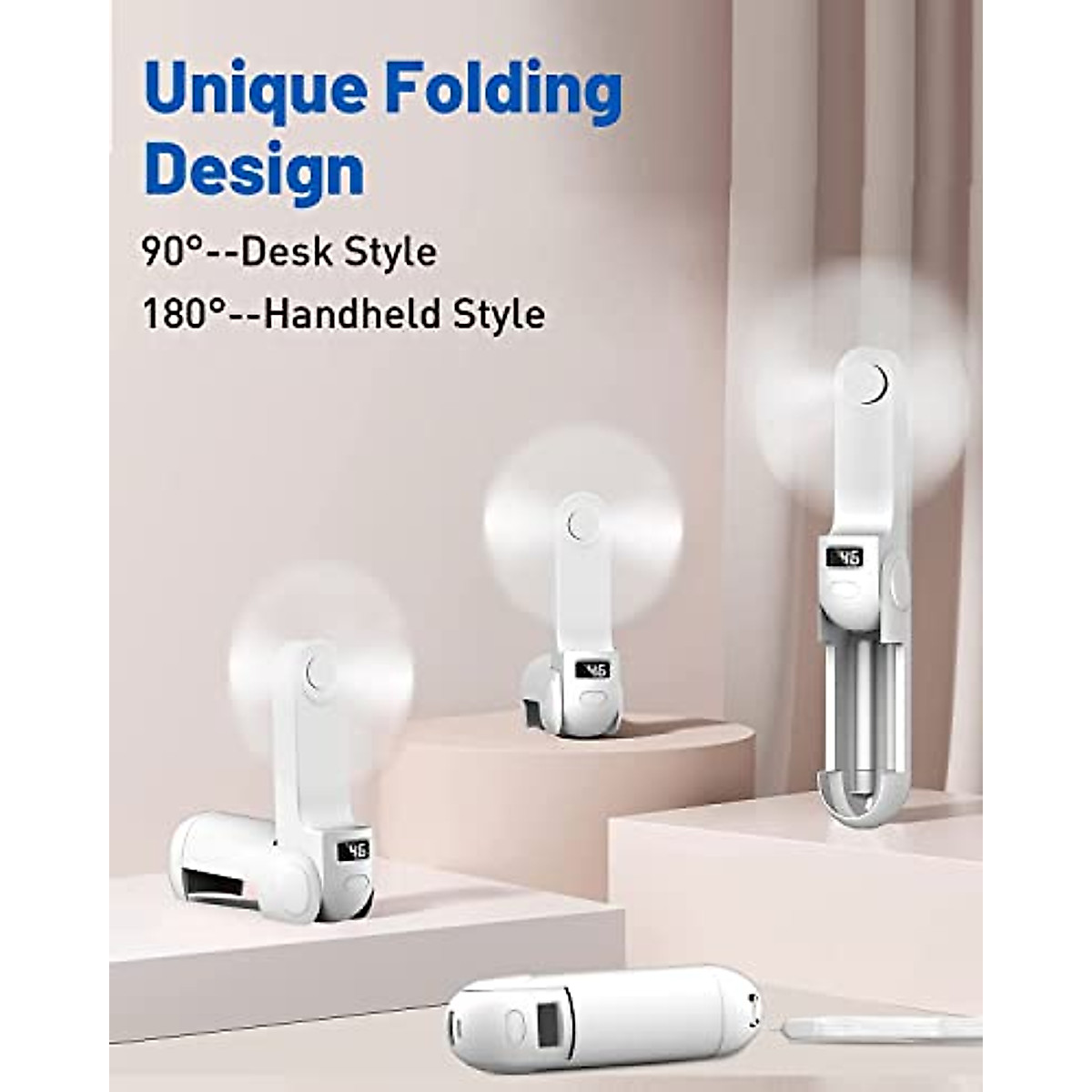 AICase portable folding small fan / USB charging treasure / mobile phone holder, silent mini fan, 2 speed, strong wind, suitable for home and office (ivory white)