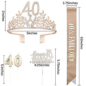 40th Birthday Decorations for Women - Aprince 40th Birthday Crown Tiara & Sash, Cake Topper and Candles Set, Rose Gold Birthday Gift for Women