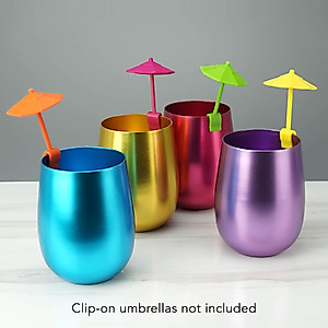 CLW Aluminum Stemless Wine/Old Fashion Glass, Set of 4, 4-Color in a Set (Purple/Blue/Pink/Gold), 16oz (Medium)