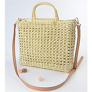 QZUnique Women's Summer Straw Shoulder Bag Lining Handbag Tassel Wooden Handles Handwoven Crossbody Hobo Bag Purse