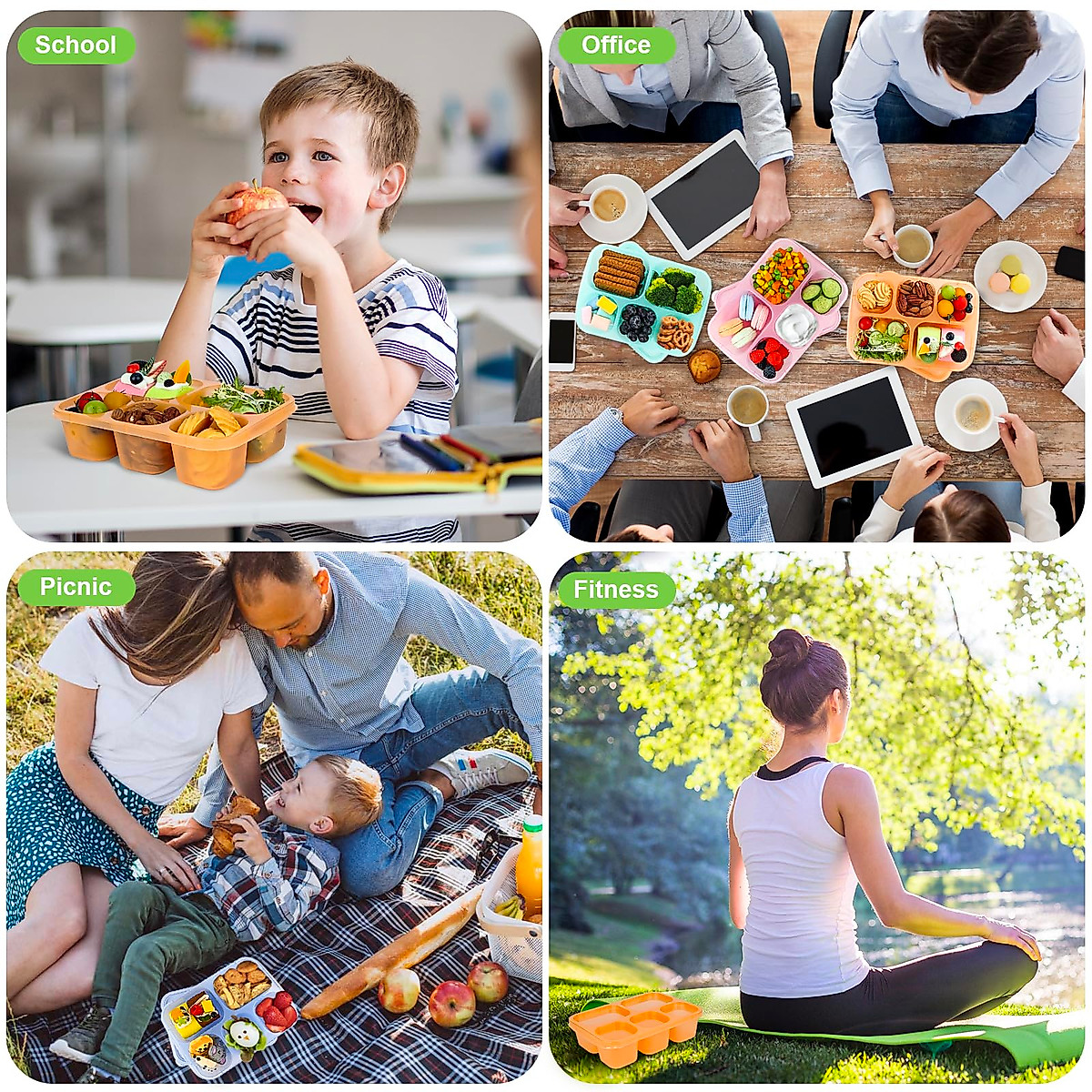 Lunbxx Bento Lunch Boxes - Reusable 5-Compartment Food Lunchables Containers, Snack Boxes For Adults Container for School, Work, and Travel, Set of 4 (Pastels)