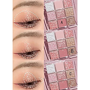 PICKX 9 Colors Glitter Eyeshadow Makeup Palette Matte High Pigmented Colorful Creamy Texture Eye Shadow Powder Natural Waterproof Long Lasting Eyeshadow Powder Cosmetics (pink)