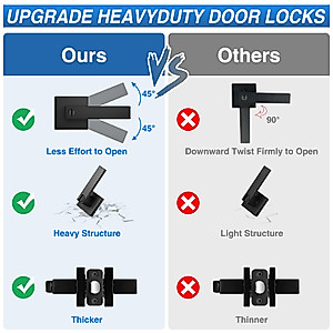 Plustool 6 Pack Matte Black Door Handles, Keyless Interior Door Knobs, Privacy Door Lever Locksets for Bedroom Bathroom, Heavy Duty Square Door Lock (2.0lb), Reversible for Left&Right Handled Doors