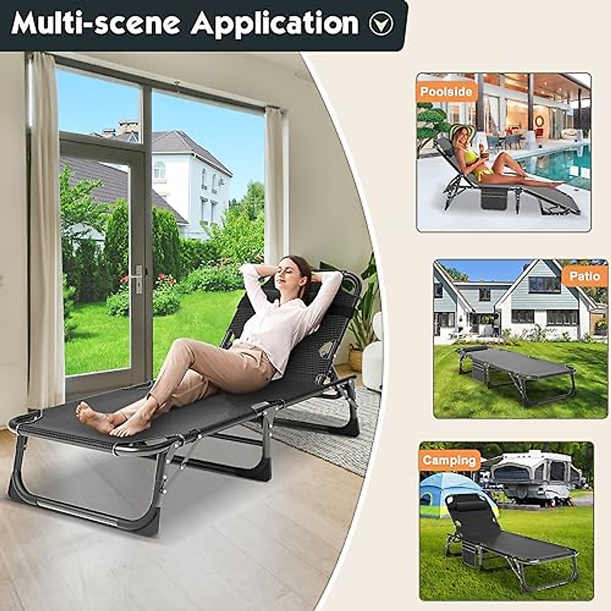 MOPHOTO Folding Chaise Lounge Chair 5-Position, Folding Cot, Heavy Duty Patio Chaise Lounges for Outside, Poolside, Beach, Lawn, Camping