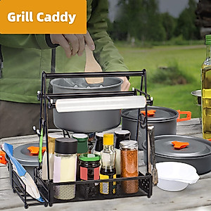 Wtoumdc Utensil Caddy, Utensil Holder for Barbecue Camping Accessories, Picnic Condiment Cutlery Caddy with Handle and Paper Towel Roll Holders, Camping Essentials Rv Kitchen Camper Must Haves, Black