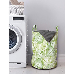 Ambesonne Leaves Laundry Bag, Botanical Abstract Sketch Print Style Leaf Fresh Nature Elements, Hamper Basket with Handles Drawstring Closure for Laundromats, 13" x 19", Lime Green Apple Green