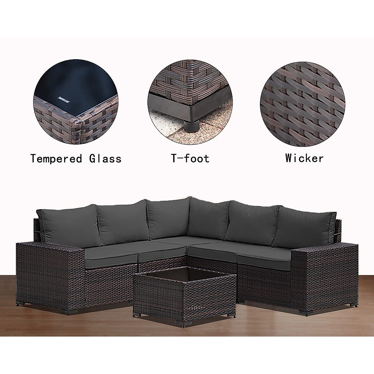 Halmuz 7 Piece Outdoor Patio Furniture Set with Propane Fire Pit, High Back PE Wicker Rattan Outdoor Sofa Conversation Set,Sectional Furniture Patio Set w/Tempered Glass Top Table&Gas Fire Pit(Grey)