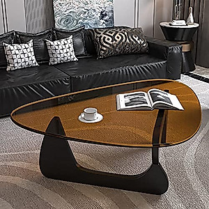 Glass Coffee Table Triangle Simple Modern Coffee Table Vintage Glass and Solid Wood Base Decor End Table for Living Room Patio Office (Black Teal, Medium 35.8 * 25.5 * 16in)