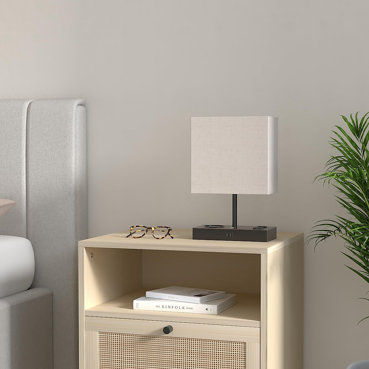 Kukobo Bedside Table Lamp with Wireless Charger, Touch Control Table Lamp for Bedroom Living Room, 3 Way Dimmable Nightstand Lamp with Type C + USB Port and 2 AC Outlets, 6W Blub Inclued(Black).