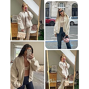 Athlisan Womens Oversized Wool Blend Bomber Jacket Casual Button Down Varsity Jacket with Pockets(Beige-L)