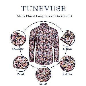 TUNEVUSE Mens Long Sleeve Floral Dress Shirt Flowered Pink Pattern Print Button Down Shirts Cotton Pink Medium