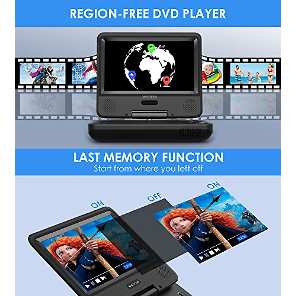 WONNIE 9.5" Portable DVD Player for Kids, Car Headrest Video Players with 7.5" Swivel Screen, 5-Hours Rechargeable Battery, Regions Free, AV in/Out, Support USB/SD Card/Sync TV
