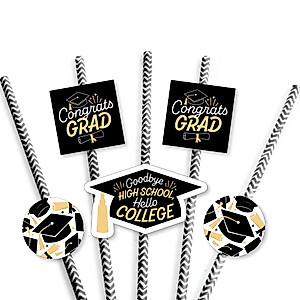 Big Dot of Happiness Hello College Graduation Paper Straw Decor - Party Striped Decorative Straws - Set of 24