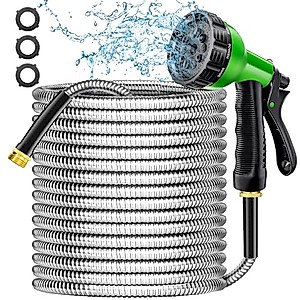 Metal Garden Hose 150ft - Stainless Steel Water Hose with 10 Function Nozzle, No Kinks & No Tangles, Flexible, Lightweight, Puncture-proof Heavy Duty Hose for Yard, RV, Garden, Greenhouse, Flower Beds