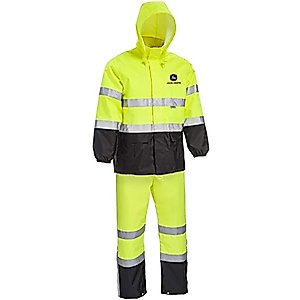John Deere Unisex High Visability ANSI Class III Rain Suit Jacket and Bib with Color Block, High Visability, Water Resistant, and Reflective 3M Tape, Yellow, Black, Large (JD44530/L)