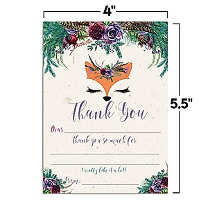 Woodland Forest Fox Face Floral Thank You Notes, Ten 4" x 5.5" Fill In The Blank Cards with 10 White Envelopes by AmandaCreation