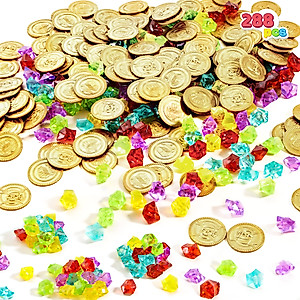 JOYIN Toy 288 Pieces Pirate Gold Coins and Pirate Gems Jewelry Playset Pack Party Favor. (144 Coins+144 Gems)