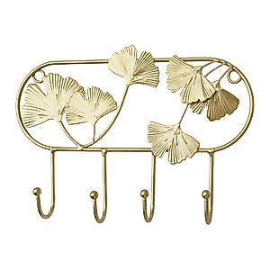 MOROBOR Decorative Leaves Iron Hooks, 1 Pack Gold Ginkgo Leaf Coat Rack Wall Mount Hooks for Hanging Row Hooks with 4 Hooks Key Hangers for Wall Decor No Drill for Living Room, Kitchen, Office