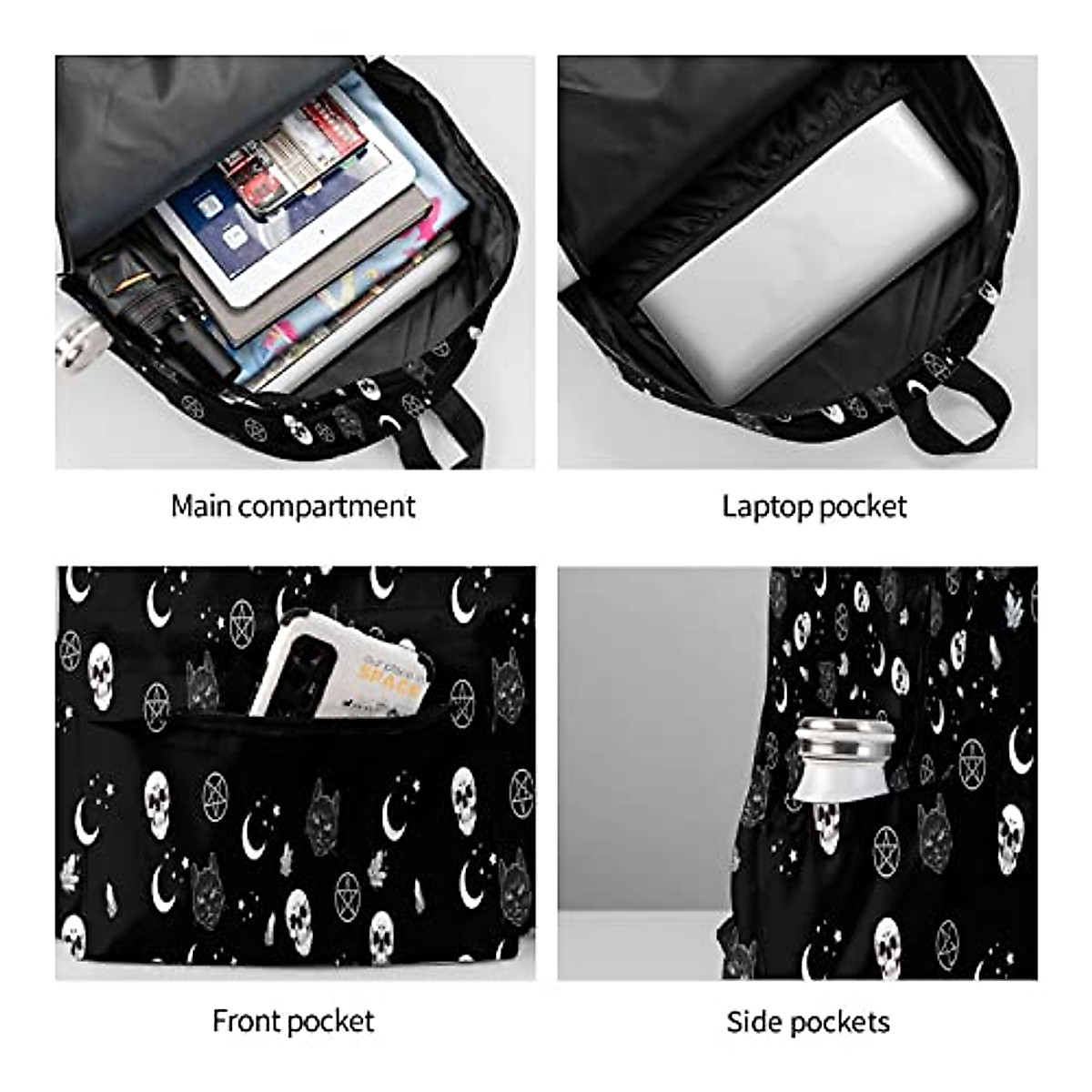 Black Gothic Skull Moon Cat Backpack Casual Sports Bookbag Unisex Travel Laptop Backpacks