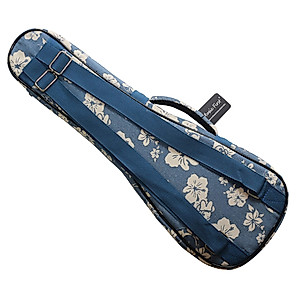 MUSIC FIRST Original Design 0.5" Thick Padded Hawaii Style “Blue and White Plumeria” Canvas Ukulele Case, Ukulele Bag, Ukulele Cover,(Fit for 26~27 inch Tenor Ukulele)