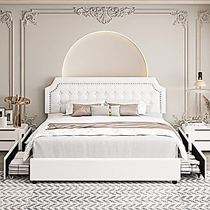 Queen Bed Frame with Storage and Adjustable Headboard, Bed Frame with 4 Drawers and Wooden Slats Support, No Box Spring Needed, Noise-Free, Pu, White