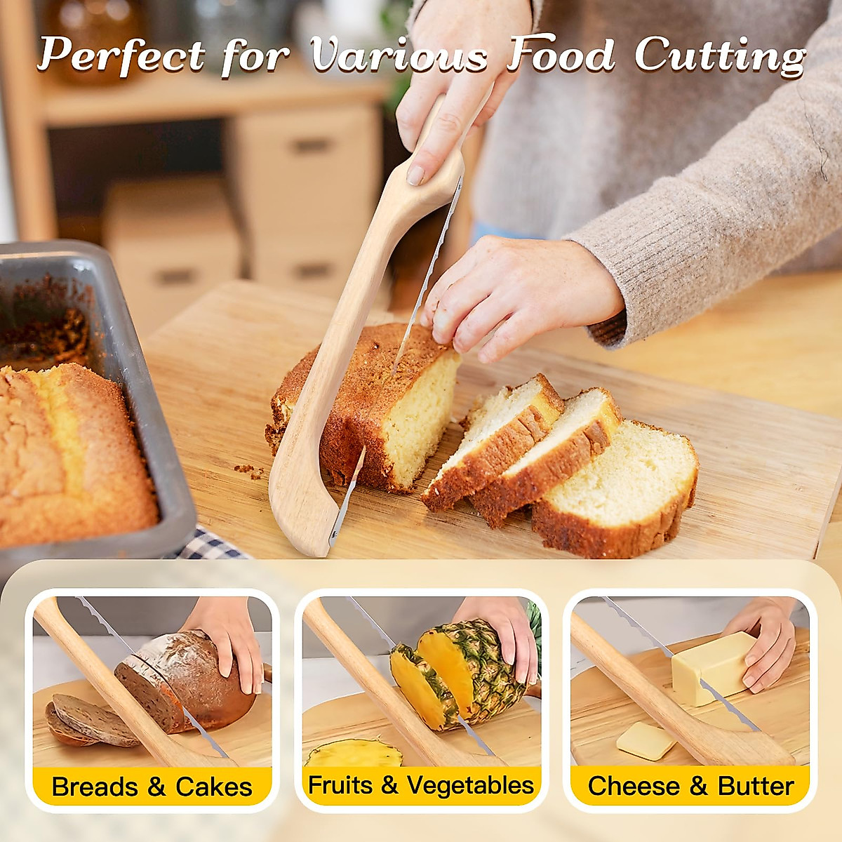 TeeMars Bread Slicer Knife for Homemade Bread, 16.5" Premium Oakwood Serrated Bread Knife with Bow Design, Ergonomics Handle, Solid & Easy to Cut, Stainless Steel, Replacement Blades, Rubber Cover