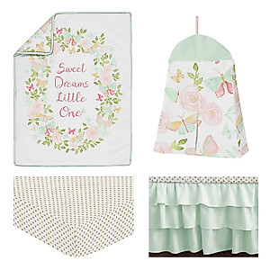 Sweet Jojo Designs Blush Pink, Mint and White Shabby Chic Butterfly Floral Baby Girl Crib Bedding Set - 4 Pieces - Watercolor Rose