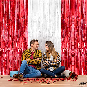 KatchOn, White and Red Streamers - 8x3.25 Feet, Pack of 3 | Red and White Fringe Curtain for Valentines Day Decorations | Red Fringe Backdrop for Valentines Party Decorations | Valentines Day Backdrop