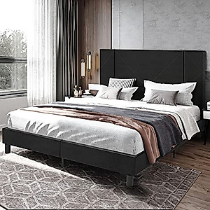 Flolinda King Size Bed Frame, Upholstered Bed Frame with Tall Tufted Velvet Headboard, Heavy Duty Metal Mattress Foundation with Wooden Slats, King Bed Frame No Box Spring Needed, Easy Assembly