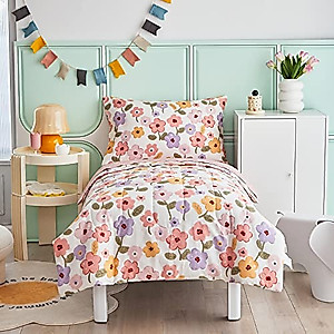 Cotton 4 Pieces Pink Flowers Toddler Bedding Set with Pink Orange Purple Flowers Includes Adorable Quilted Floral Comforter, Pink Fitted Sheet, Top Sheet, and Pillow Case for Boys Girls