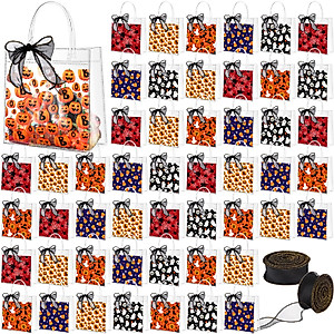 Hosuly 50 Pcs Halloween Clear Gift Bags with Handles Reusable Plastic Halloween Tote Bag Bulk Cute Treat or Trick Bags Pumpkin Boo Ghost Candy Bags with Ribbon for Halloween Party Favors Supplies