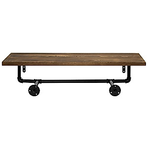 MyGift 31-Inch Industrial Garment Rack Wall Mounted Black Metal Pipe Hanging Clothing Rod and Brown Wood Storage Shelf