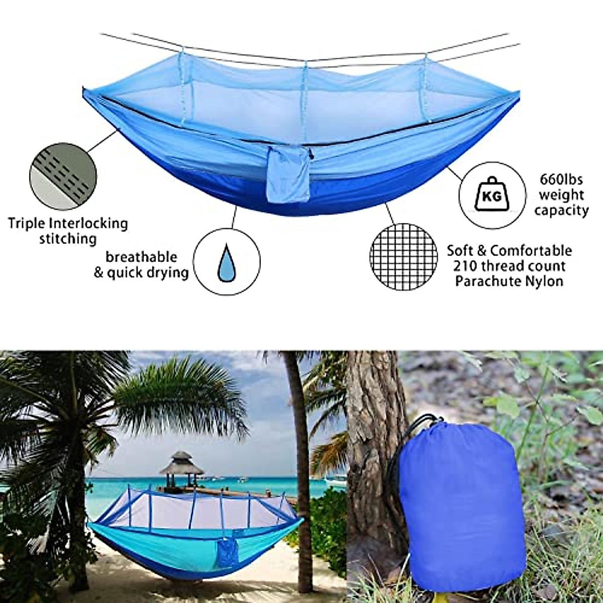 KEPEAK Camping Hammock with Net Netting, Single & Double Tree Hammock Net, Lightweight Nylon Portable Hammock for Backpacking, Camping, Travel, Beach, Yard