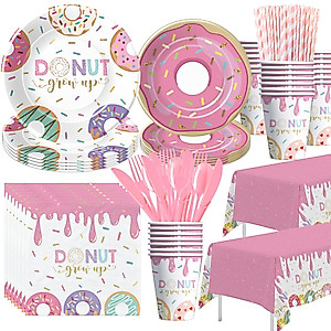 HIPVVILD Donut Party Decorations Tableware Girl - Donut Grow Up Party Supplies, Paper Plate, Cup, Napkin, Tablecloth, Cutlery, Straw, Pink Donut Theme Birthday Baby Shower Decorations | Serve 24