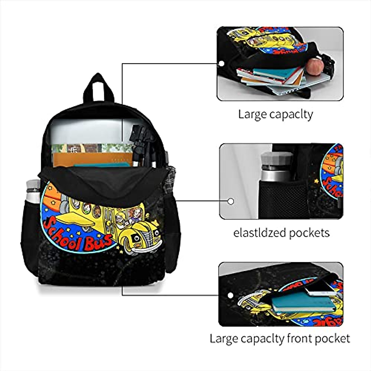 MattheMan The Magic School Bus Backpack Traveling Bag Lightweight Multi-Function Daypack Unisex Fit Adult Youth Black, One Size