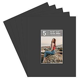 Golden State Art, Pack of 5 Acid Free Bevel Cut 4-Ply Thickness White Core Picture Mats for Photos (Black, 8x10 for 4x6 Photo)